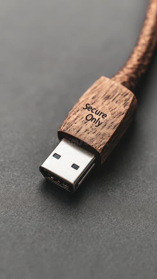 USB Connector Close on Dark Surface. Secure only Inscription. Wood ...
