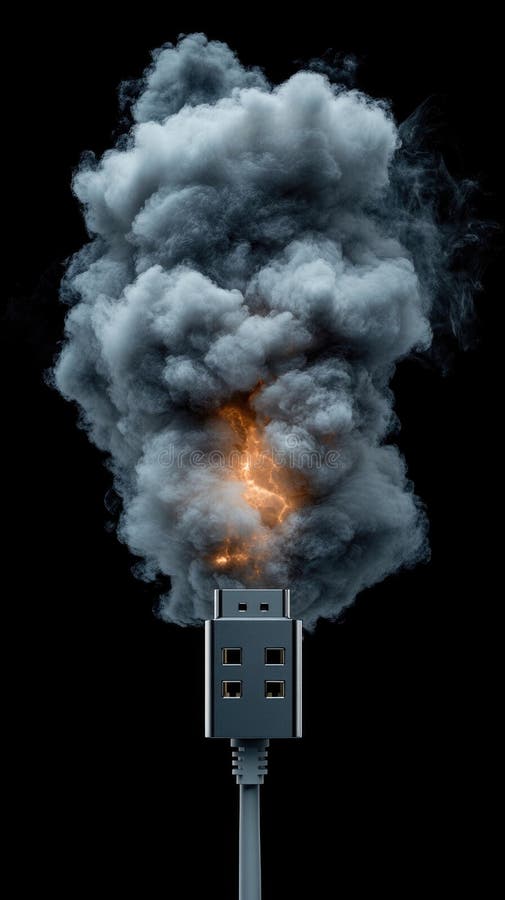 A USB Connector Emits Thick, Dark Smoke and Bright Flames, Creating a ...