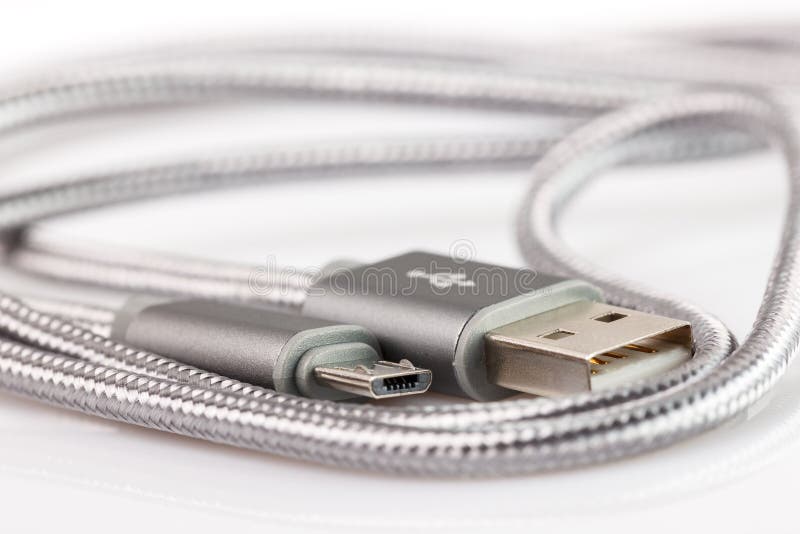 USB Data & Power Cable Isolated on White Background. Close Up Stock ...