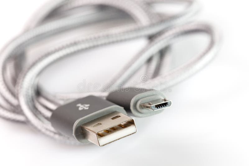 USB Data & Power Cable Isolated on White Background. Close Up Stock ...