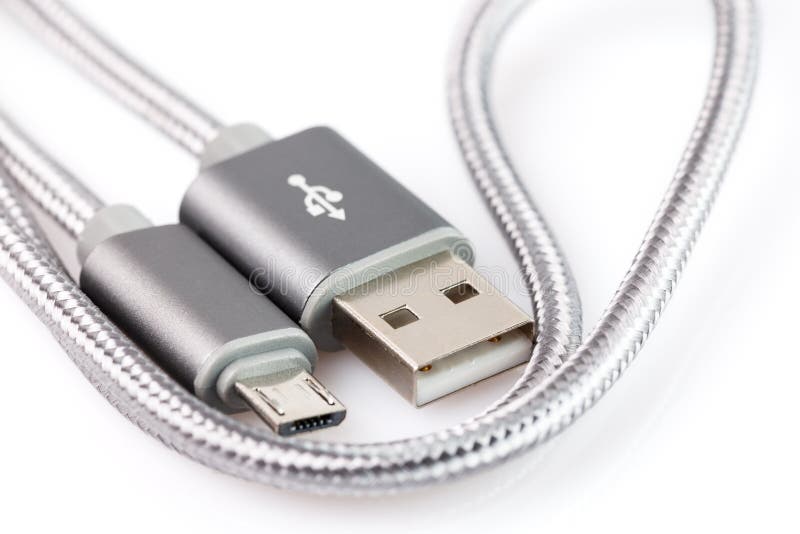 USB Data & Power Cable Isolated on White Background. Close Up Stock ...