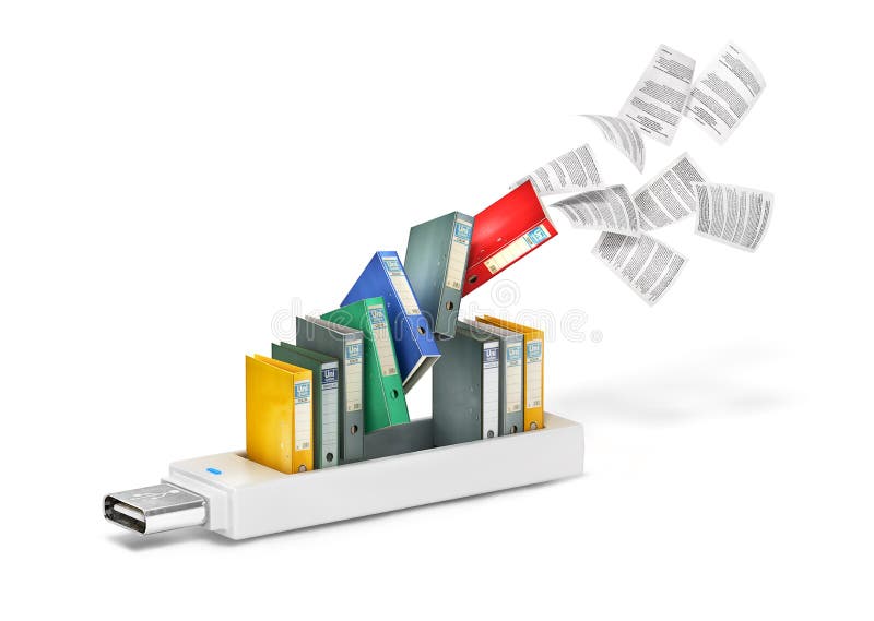 USB Flash Drive with Folders and Flying Sheets. Stock Illustration ...