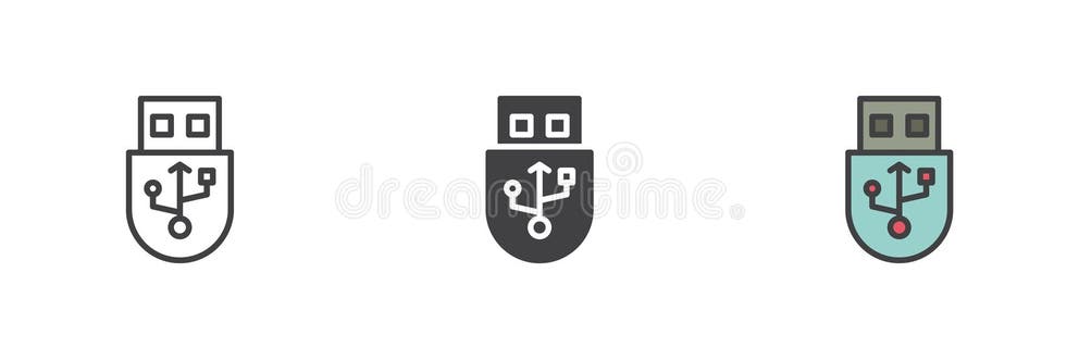 USB Flash Drive Icon Set in Line, Solid and Filled Outline Style Stock ...