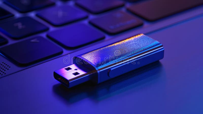 USB Flash Drive on a Laptop Keyboard Illuminated by Blue Light Stock ...