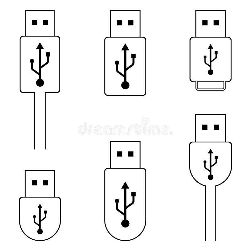 USB Flash Drive Outline Icon Set Isolated on White Background ...