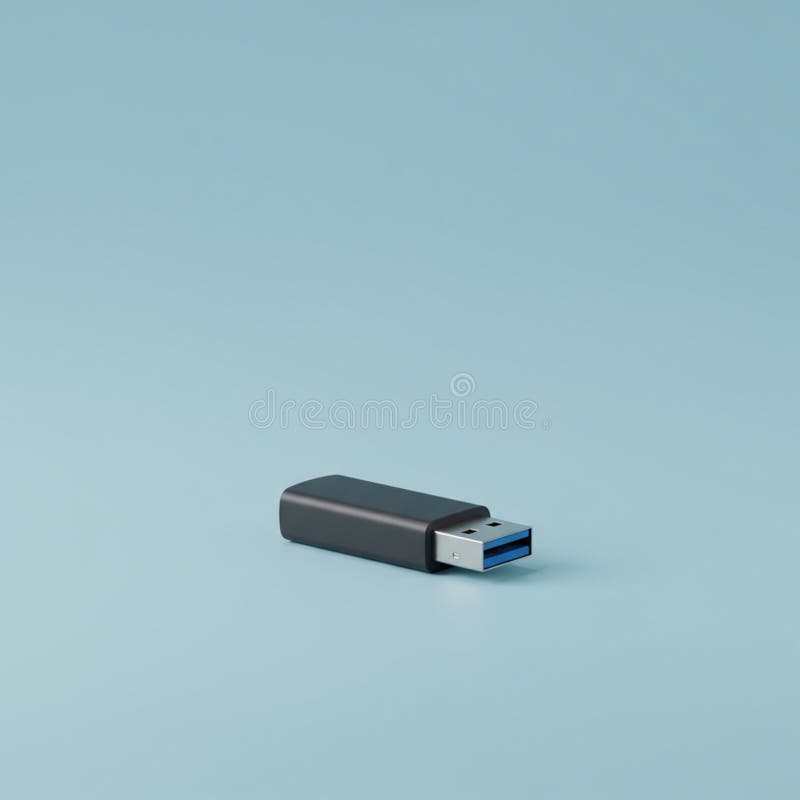 A USB Flash Drive Rests on a Light Blue Surface. the Drive is Black ...