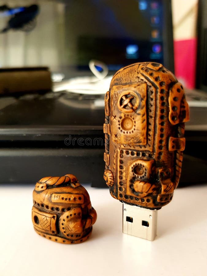 Usb Flash Drive with Wood Carving on the Table, Close Up Stock Image ...
