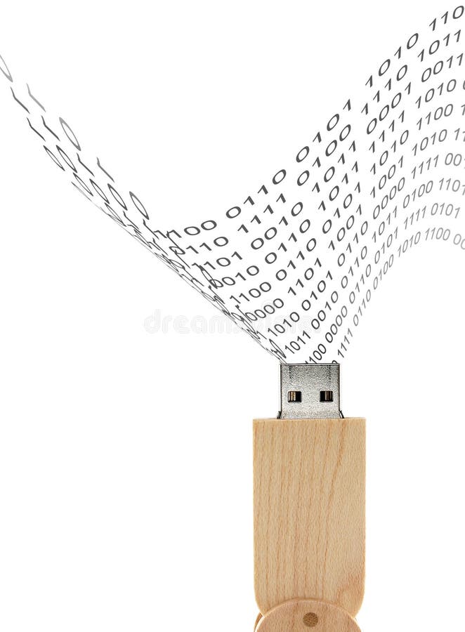 Close-up Binary Coded Data is Flowing into Beige Wooden Usb Flash Drive ...