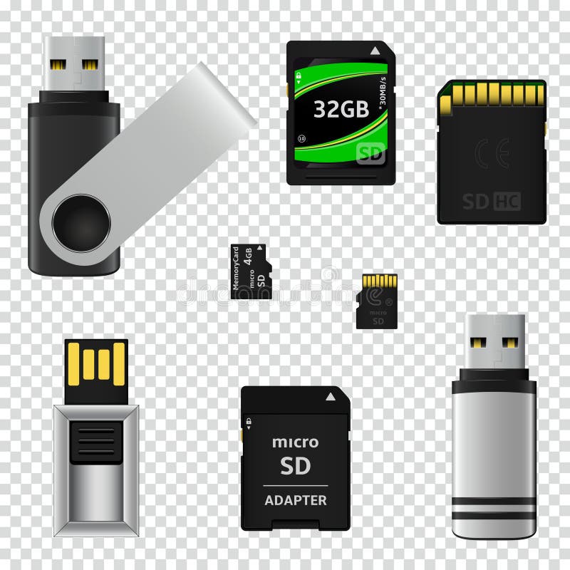 USB Flash Drives and Memory Cards Isolated on Transparent Background ...