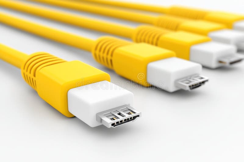 USB and HDMI Cables with Yellow Connectors Neatly Arranged on a White ...