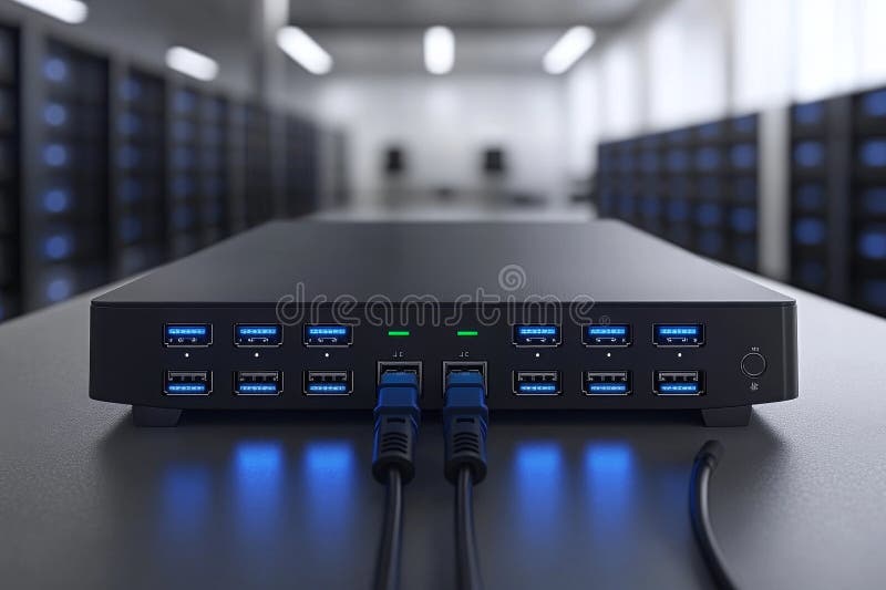 USB Hub with Multiple Ports Illuminated by Blue Lights Visualizing ...