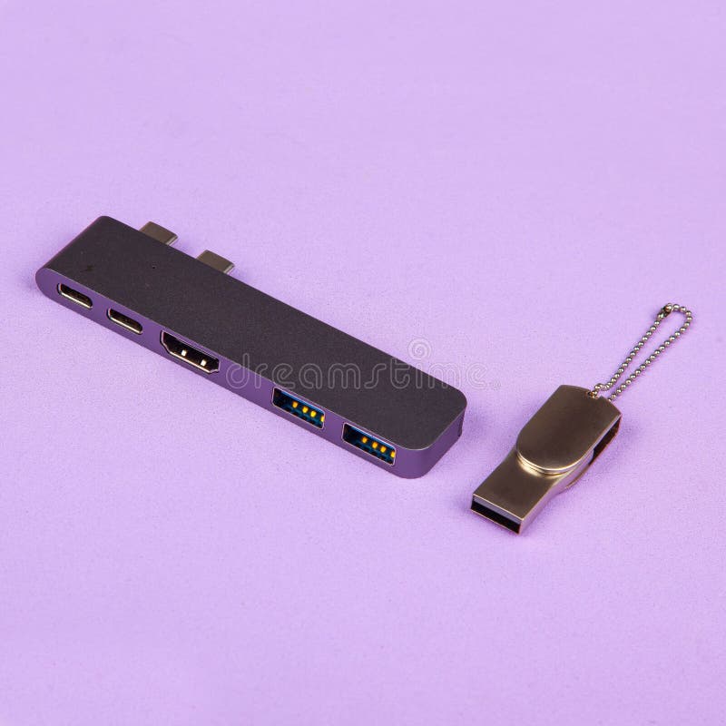 USB Hub for Type-C Connector on Laptop with Flash Drive Stock Photo ...