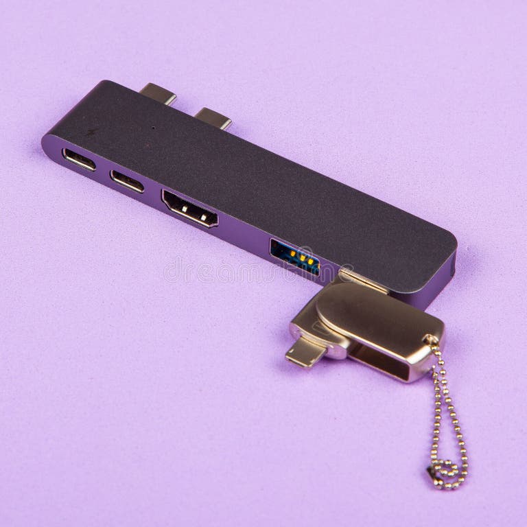 USB Hub for Type-C Connector on Laptop with Flash Drive Stock Photo ...