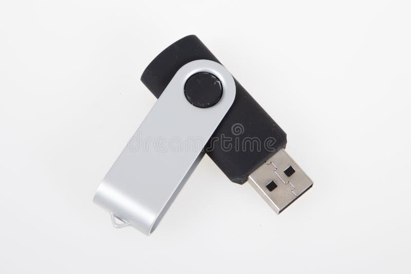 USB Key Flash Drive Drive Silver Black Open on White Background Stock ...