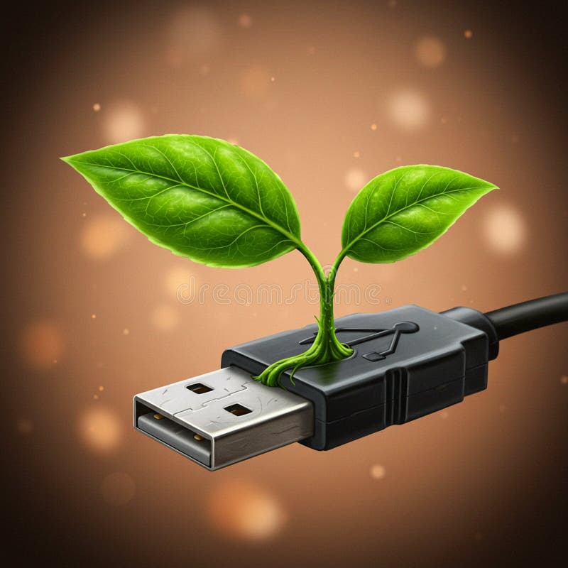 A USB Plug with a Black Cable Features Two Vibrant Green Leaves ...
