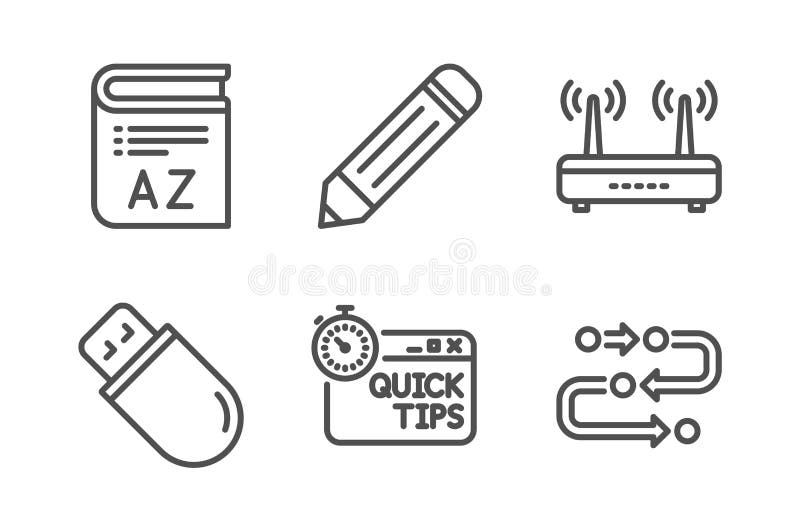 Usb Stick, Pencil and Quick Tips Icons Set. Vocabulary, Wifi and ...