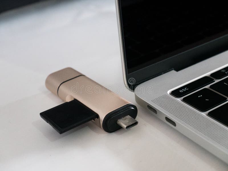 USB Type-C Memory Card Reader with Laptop Stock Image - Image of ...