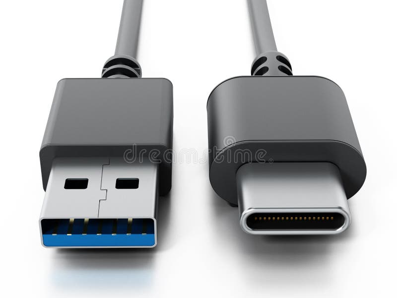 USB Type C and USB 3.0 Cables Isolated on White Background. 3D ...