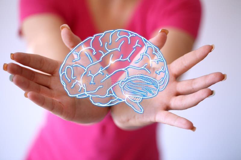 Use Brain â€“ Mind Energy -Woman Hand Shows the Brain Stock Photo ...