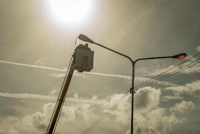 Use Crane To Lift the Light Bulbs To Repair the Light Pole Stock Image ...
