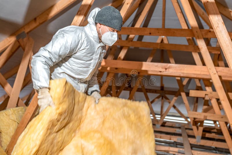 Use Glass Wool To Insulate the Ceiling Stock Photo - Image of attic ...