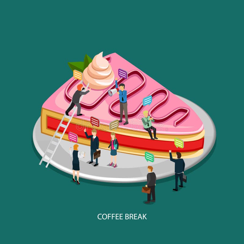 Business Coffee Break Time with Cake Icon and Isometric Stock Vector ...