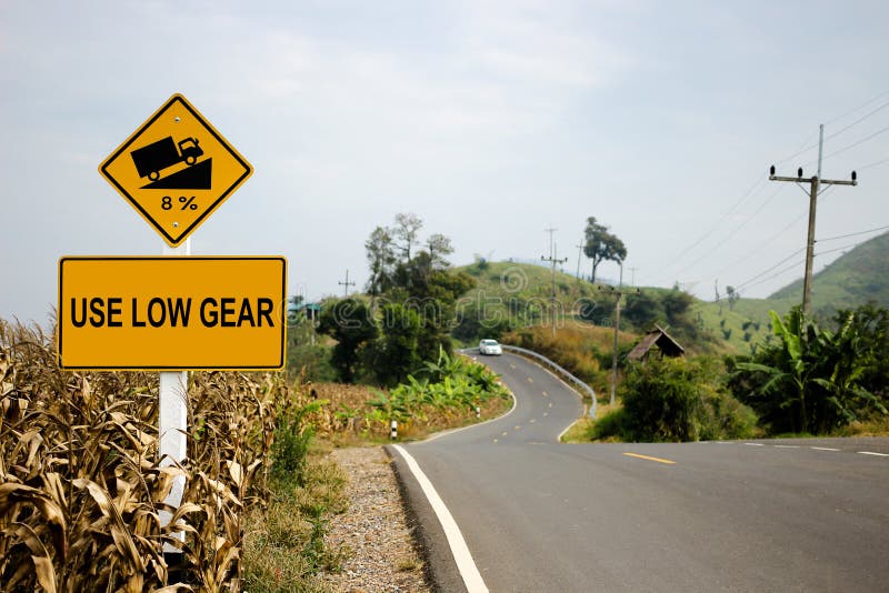 Use Low Gear Traffic Sign on the Road in Mountain. Stock Image - Image ...