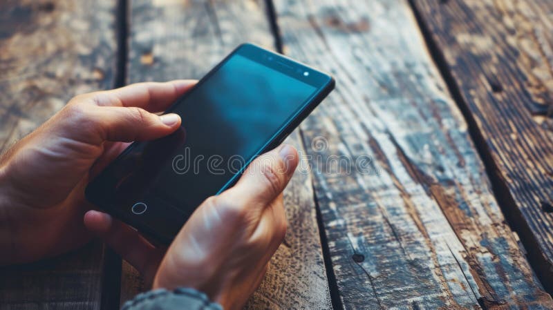 Use Mobile Phone on Wood Table with Space for Text, Copy Space ...