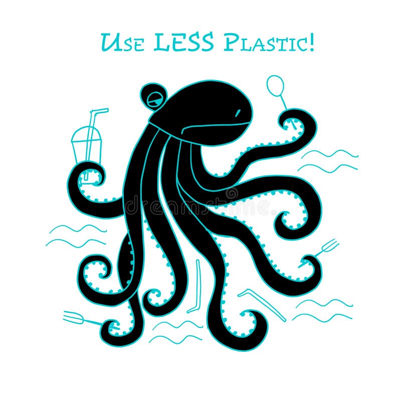 Use less Plastic Concept Illustration. Octopus with Plastic Trash Stock ...
