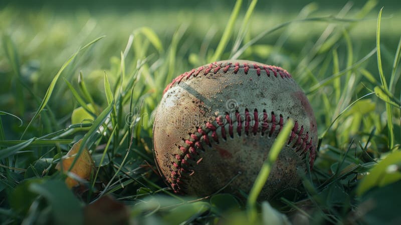 A used baseball on grass. stock photo. Image of worn - 356347372