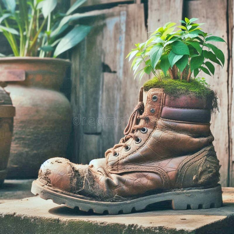 An Used Boot Shoe Convert into Plant Pot, Creative Recycle Idea Stock ...