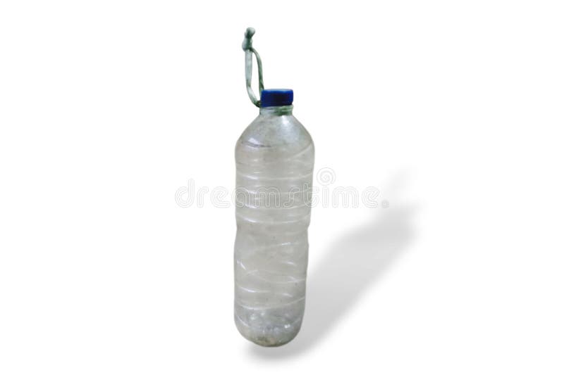 Used Clear Plastic Bottle with Blue Cap Hanging on String, White ...