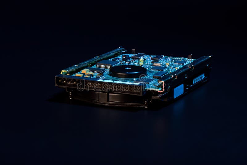 Used Hard Disk Isolated on Black Background and Blue Backlight Stock ...