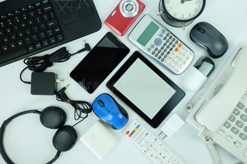 Used Modern Electronic Gadgets for daily Use on White Floor, Reuse and ...