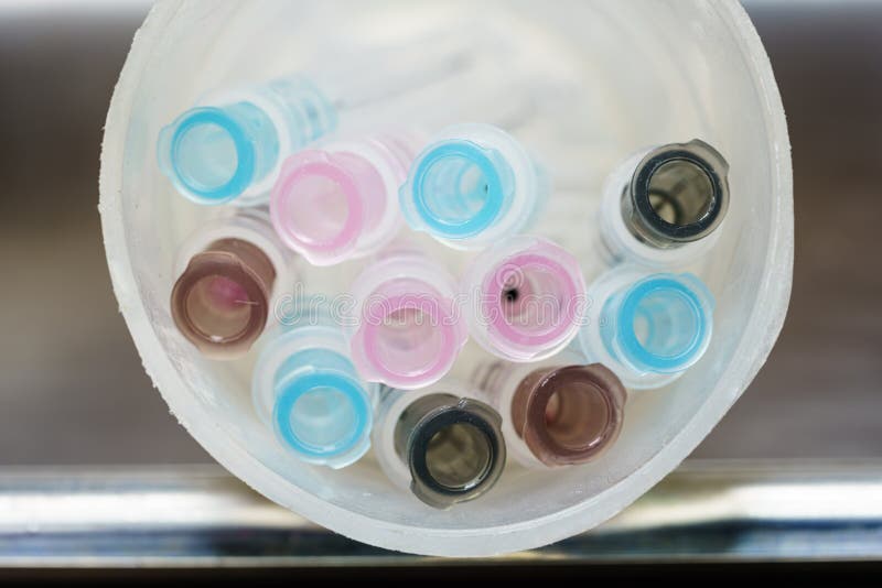 Used Needles Put Together in a Plastic Cup Stock Photo - Image of joint ...