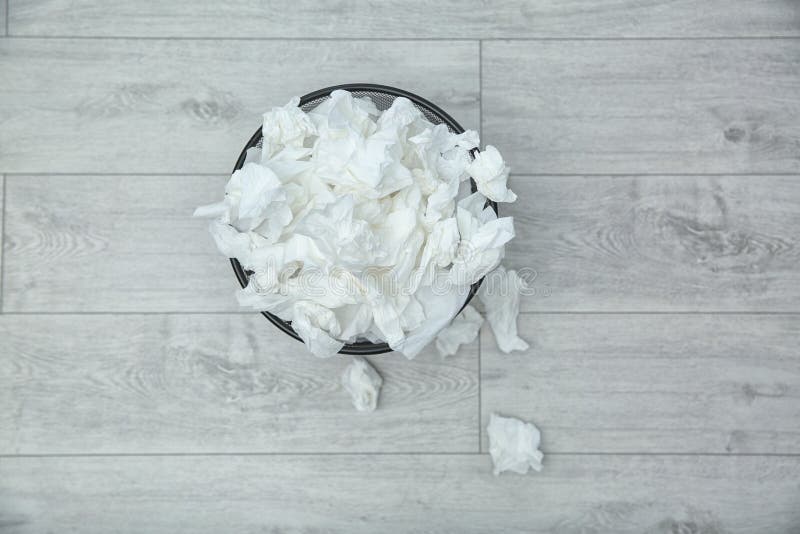 Used Paper Tissues in Trash Can on Wooden Floor Stock Image - Image of ...