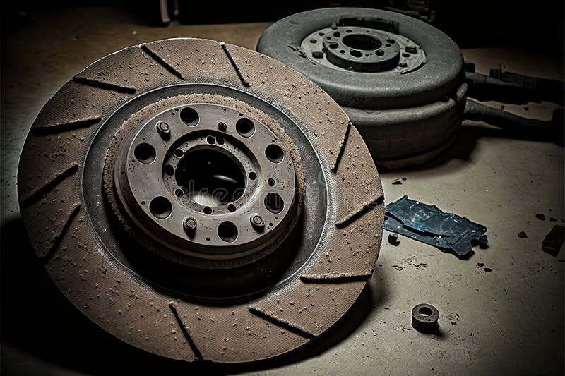 Used Rusty Brake Discs Lie on Floor in Auto Workshop Stock Illustration ...