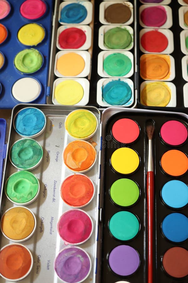 Used water-color paint-box stock photo. Image of round - 320246324
