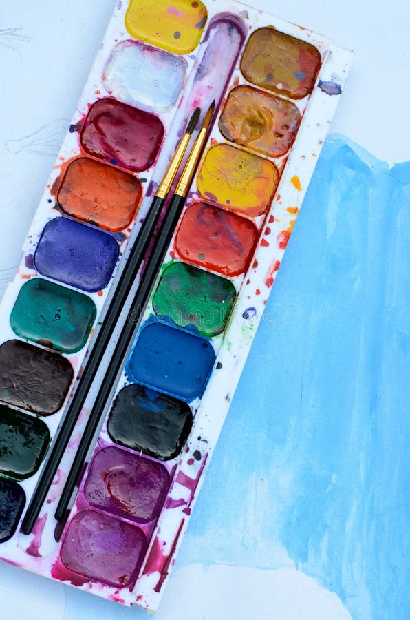 Used watercolor paint box stock photo. Image of closeup - 63570160