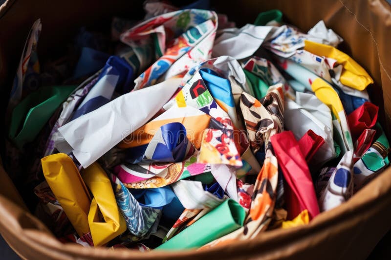 Used Wrapping Paper in a Recycling Bin Stock Photo - Image of ...