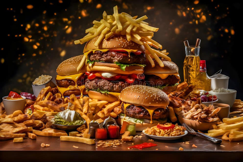 Useless Junk Food Piled Up on the Table. Created Using Generative AI Stock Photo - Image of ...