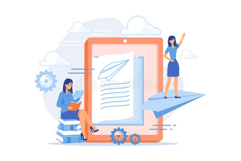 User with Book and Tablet Watching Himself Flying on Paper Plane in ...