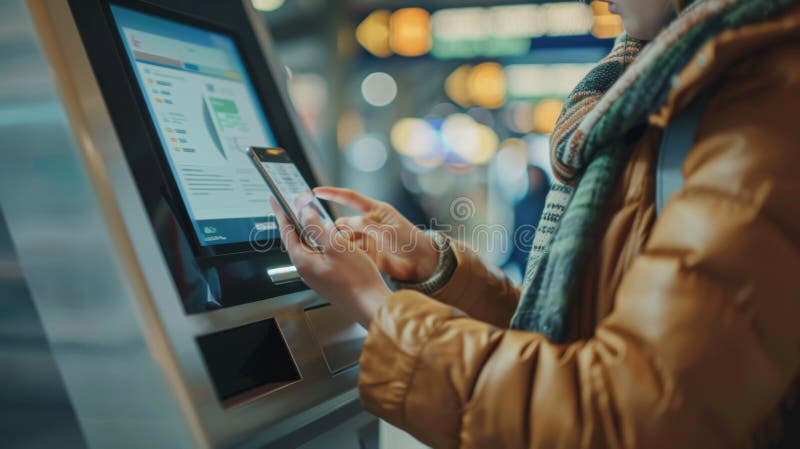 User Completes Mobile Payment Transaction at a Digital Kiosk in a Busy ...