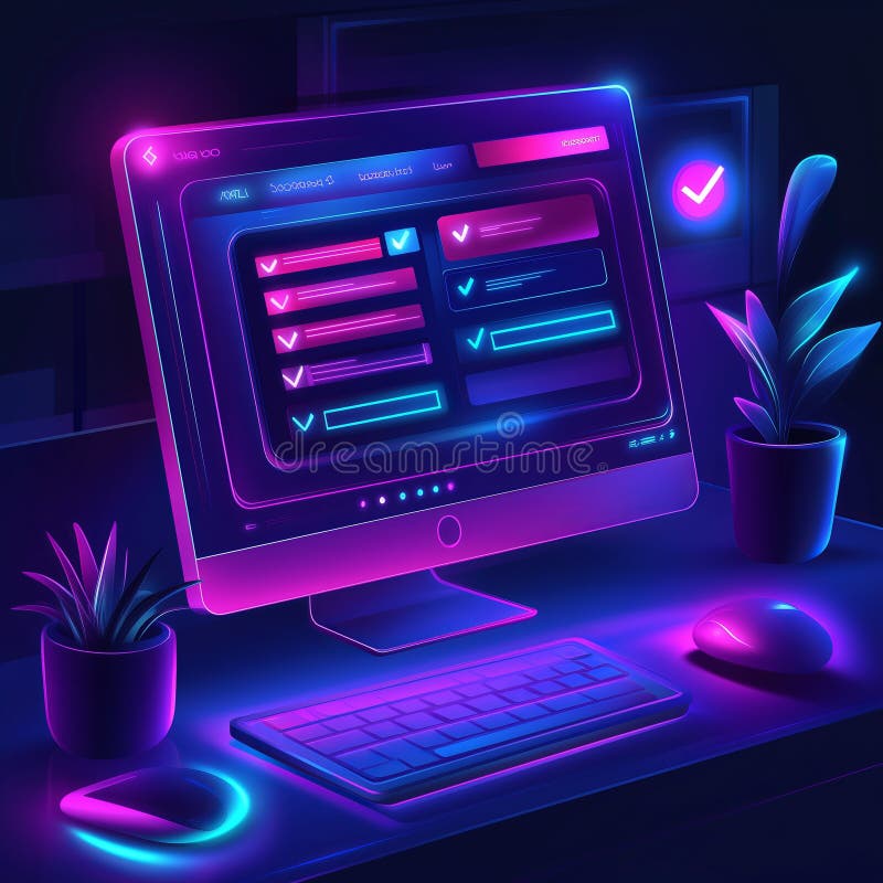 User Completing Online Survey Form on Computer with Neon Lights Stock ...