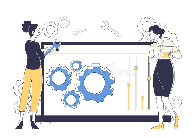 User Customize Settings Women Near Laptop Screen With Gears User Experience Ui And Ux Design