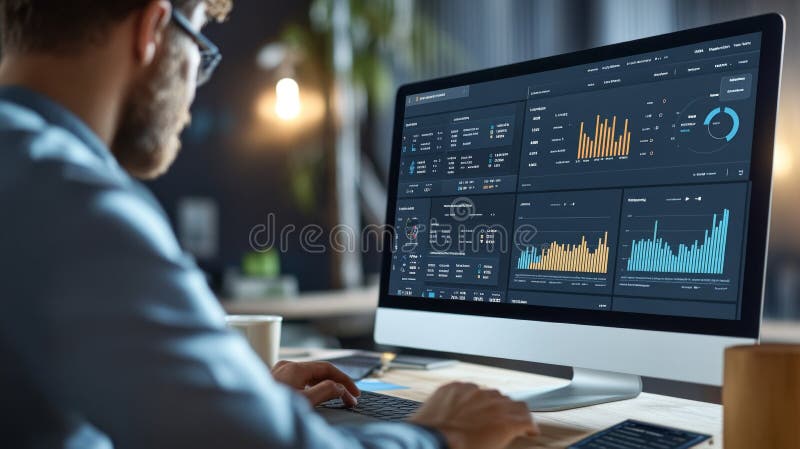 User Engaging With Data Visualization Dashboard On Computer While Accessing Backend Metrics For