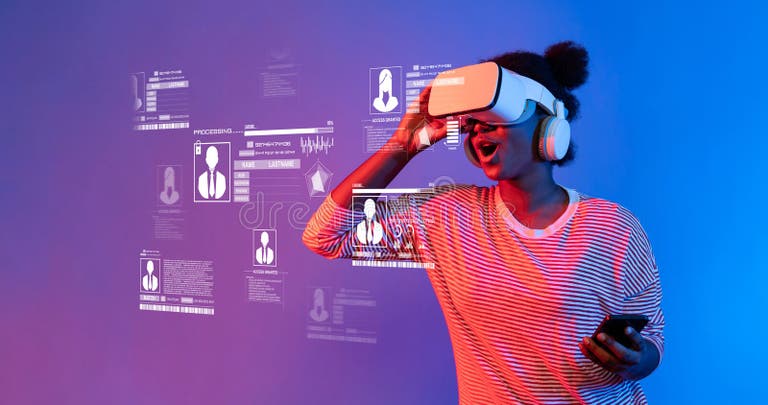 Engaged User in Virtual Reality Headset with Digital Data Display ...