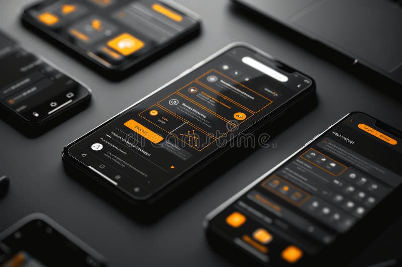 User Experience. Smartphone Mockup on Black Background with Interactive User Interface Stock ...