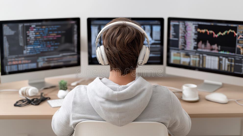 User Focused on Coding with Multiple Monitors in a Modern Workspace ...