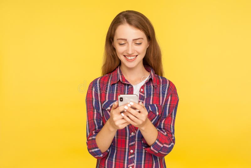 User Friendly Technology. Portrait of Happy Girl in Shirt Typing ...